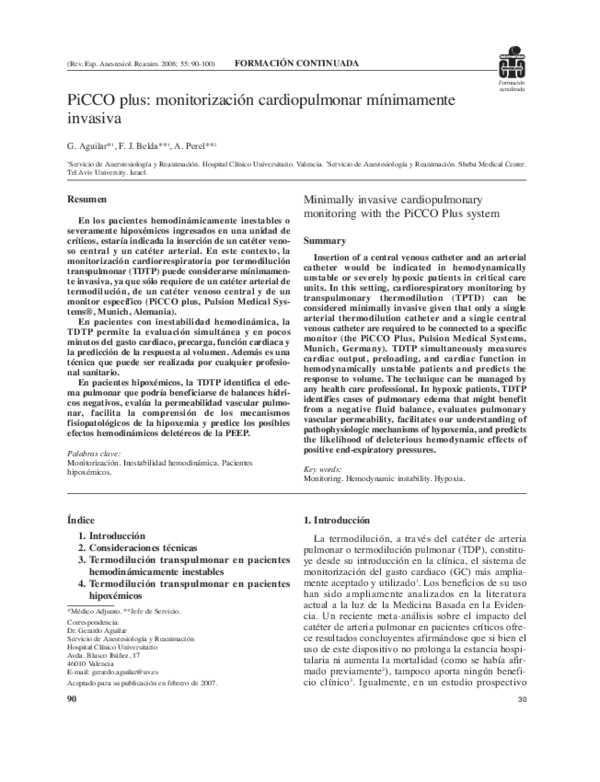 (PDF) PiCCO plus: monitorización cardiopulmonar mínimamente invasiva