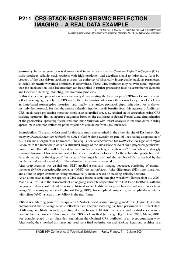 Pdf P211 Crs Stack Based Seismic Reflection Imaging Ñ A Real Data Example