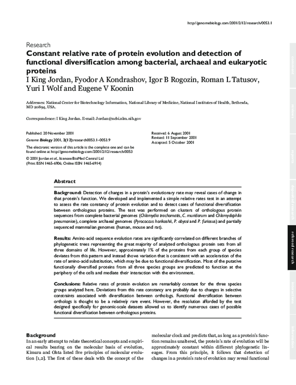 (PDF) Constant relative rate of protein evolution and detection of ...