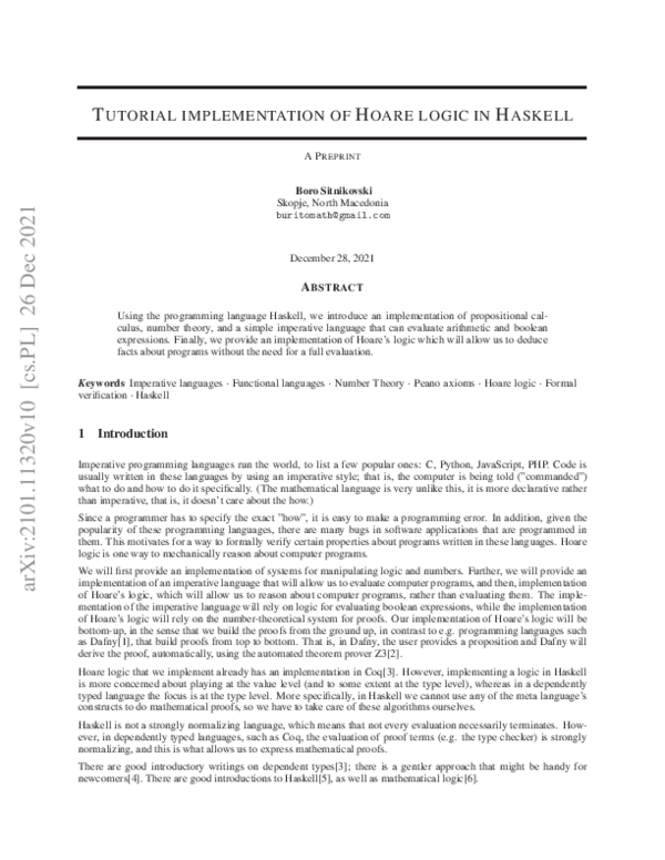 (PDF) Tutorial implementation of Hoare logic in Haskell