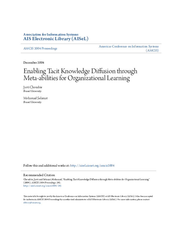 (PDF) Enabling Tacit Knowledge Diffusion through Meta-abilities for Organizational Learning