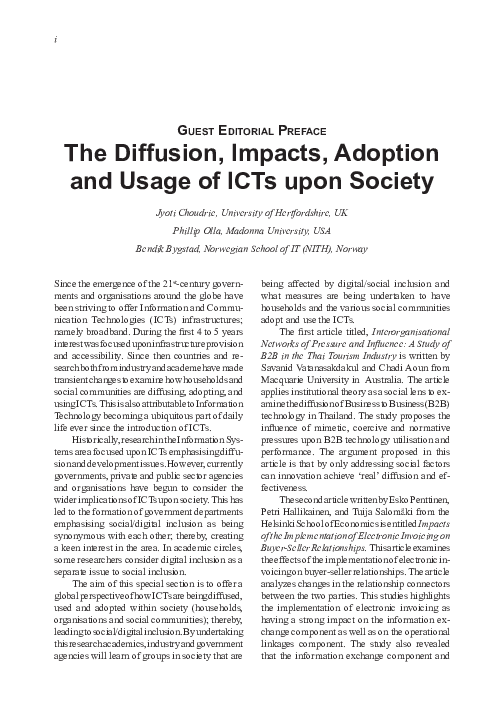 Pdf Introduction To The Minitrack On The Diffusions Impacts Adoption And Usage Of Icts Upon