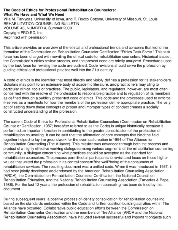 (PDF) The Code of Ethics for Professional Rehabilitation Counselors ...