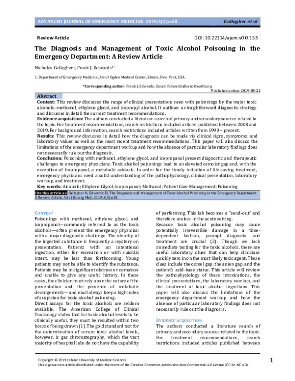 (PDF) The Diagnosis and Management of Toxic Alcohol Poisoning in the ...