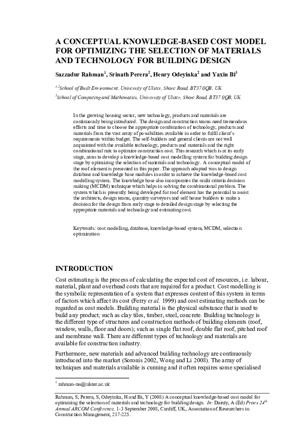 (PDF) A Conceptual Knowledge-Based Cost Model for Optimizing the Selection of Materials and ...