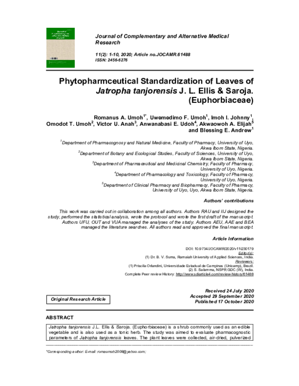 (PDF) Phytopharmceutical Standardization of Leaves of Jatropha ...