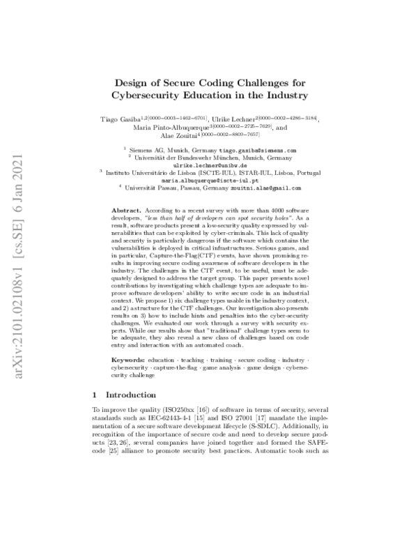 (PDF) Design of Secure Coding Challenges for Cybersecurity Education in ...