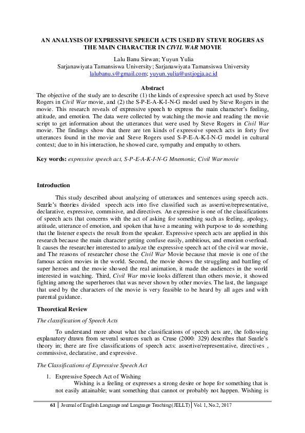(PDF) An Analysis of Expressive Speech Acts Used by Steve Rogers as the ...