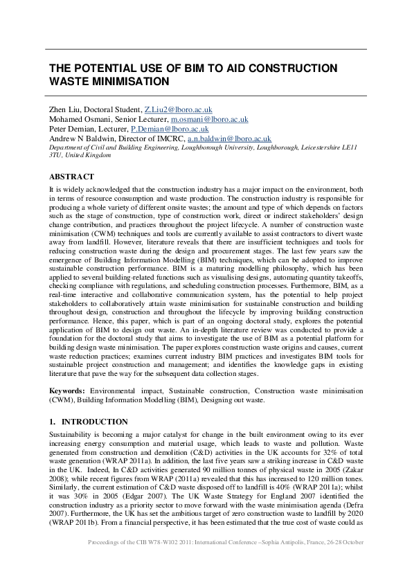 (PDF) The potential use of BIM to aid construction waste minimalisation