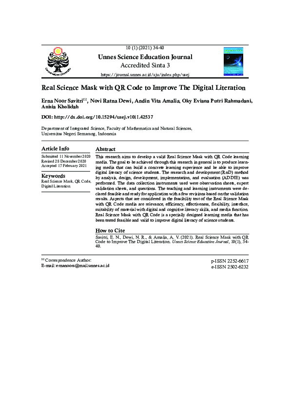 (PDF) Real Science Mask with QR Code to Improve The Digital Literation