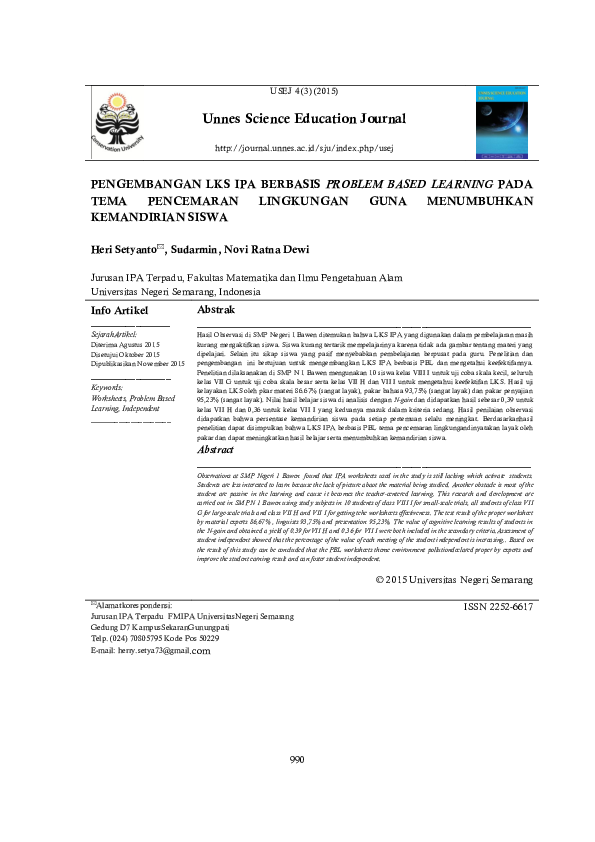 (PDF) Pengembangan LKS Ipa Berbasis Problem Based Learning Pada Tema Pencemaran Lingkungan Guna ...