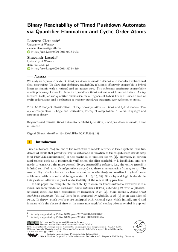 Pdf Binary Reachability Of Timed Pushdown Automata Via Quantifier Elimination And Cyclic Order
