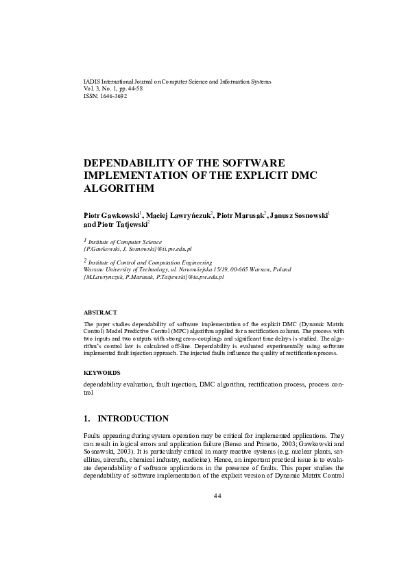 (PDF) Dependability of the software implementation of the explicit DMC algorithm