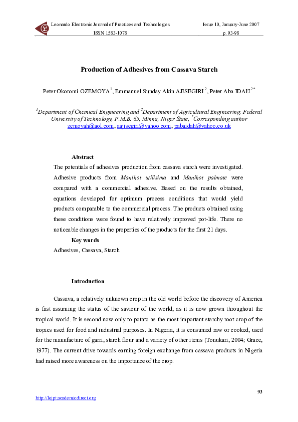 (PDF) Production of Adhesives from Cassava Starch
