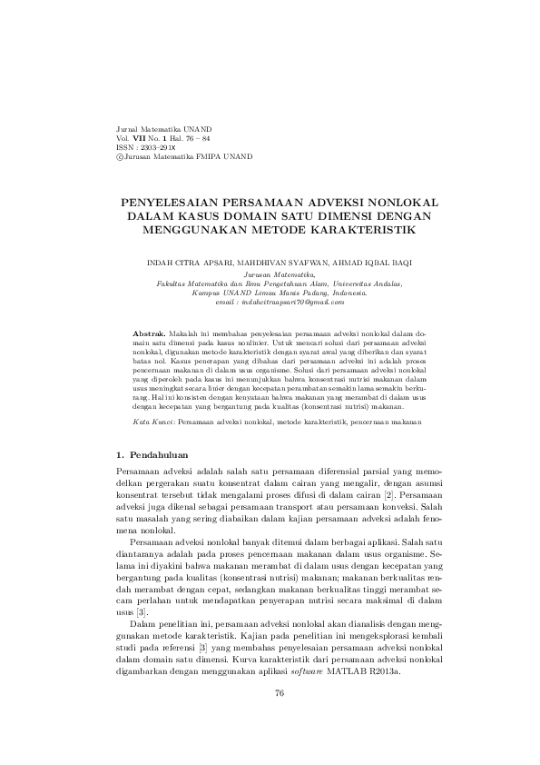 (PDF) Penyelesaian Persamaan Adveksi Nonlokal Dalam Kasus Domain Satu ...