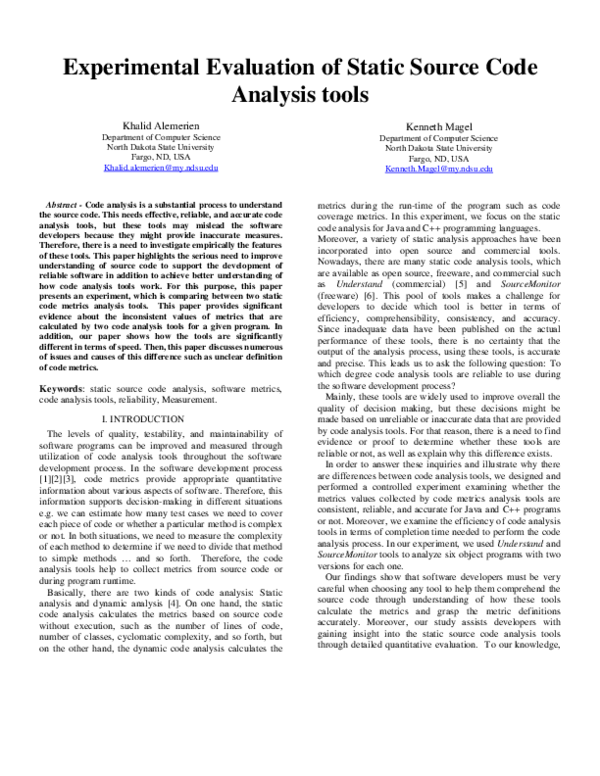 Pdf Experimental Evaluation Of Static Source Code Analysis Tools