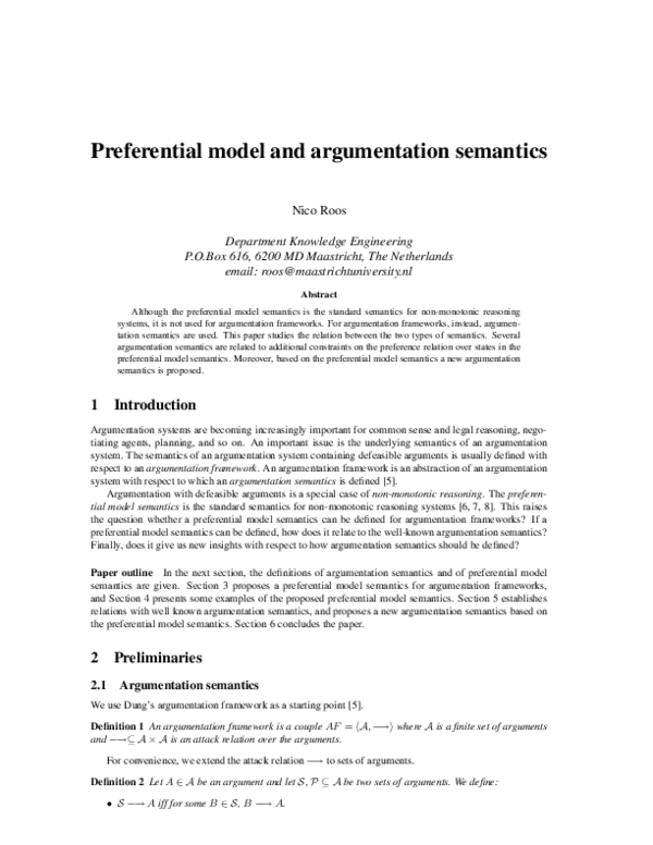 (PDF) Preferential model and argumentation semantics