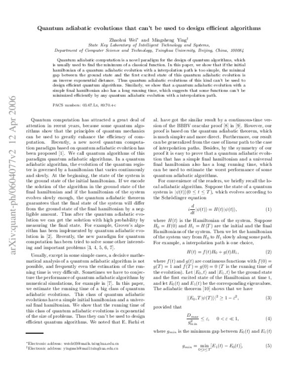 Pdf Quantum Adiabatic Evolutions That Cant Be Used To Design Efficient Algorithms
