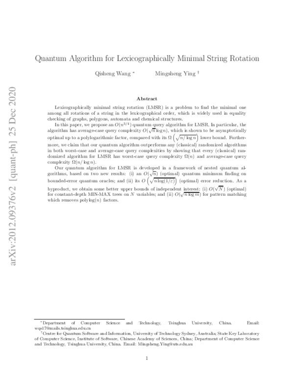 (PDF) Quantum Algorithm for Lexicographically Minimal String Rotation