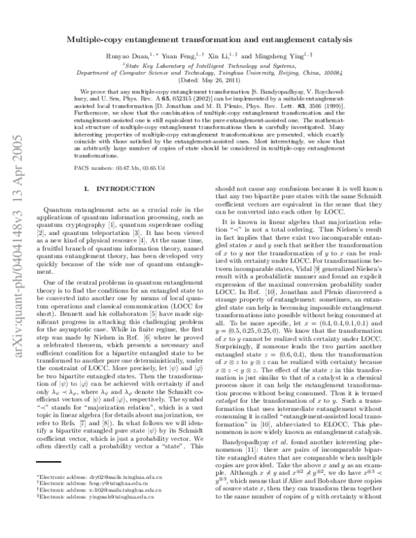 (PDF) Multiple-copy entanglement transformation and entanglement catalysis