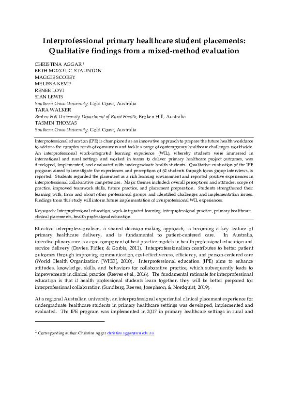 (PDF) Interprofessional primary healthcare student placements: Qualitative findings from a mixed ...