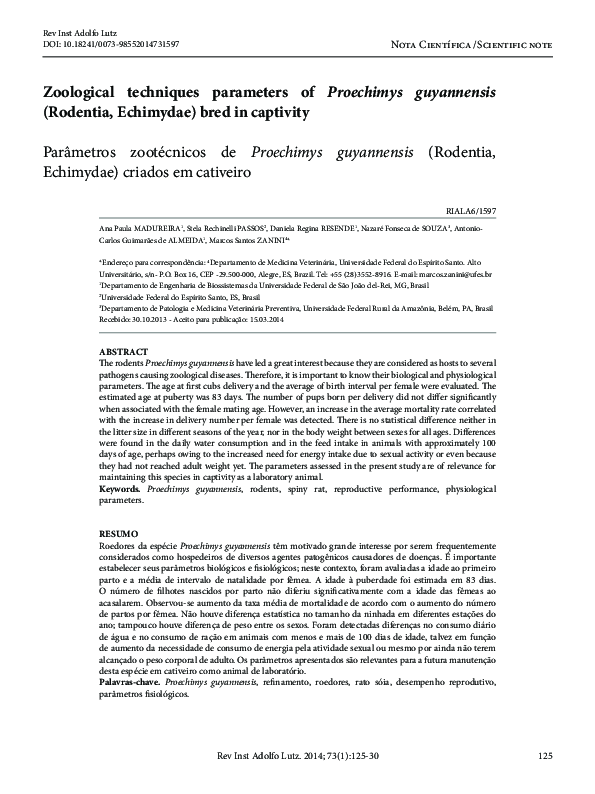 (PDF) Zoological techniques parameters of Proechimys guyannensis ...