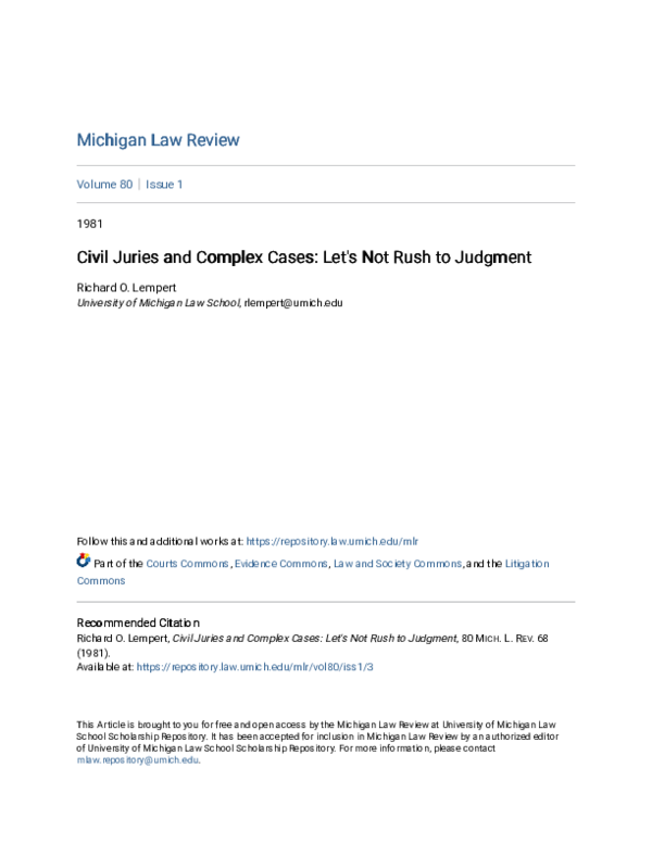 (PDF) Civil juries and complex cases: Let's not rush to judgment ...