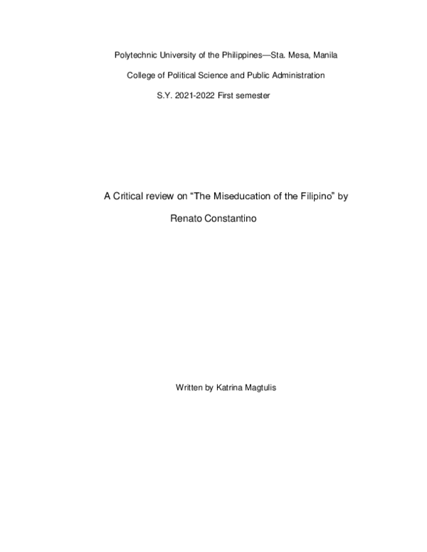 (PDF) Activity 6: A Critical review on "The Miseducation of the Filipino" by Renato Constantino ...