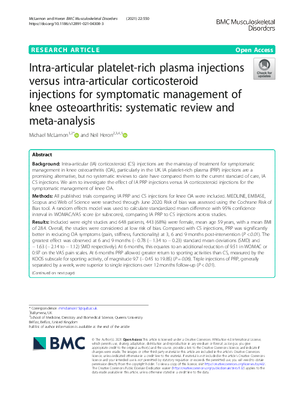 (PDF) Intra-articular platelet-rich plasma injections versus intra-articular corticosteroid ...