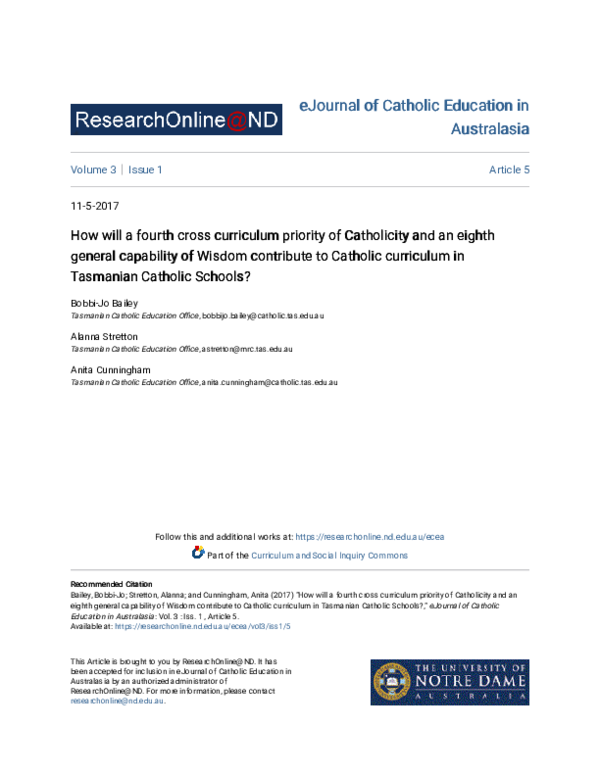 (PDF) How will a fourth cross curriculum priority of Catholicity and an ...