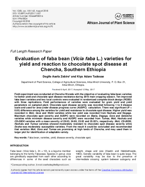 (PDF) Evaluation of faba bean (Vicia faba L.) varieties for yield and reaction to chocolate spot ...