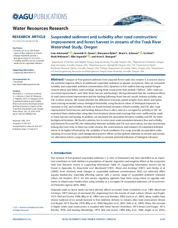 (PDF) Suspended sediment and turbidity after road construction/improvement and forest harvest in ...