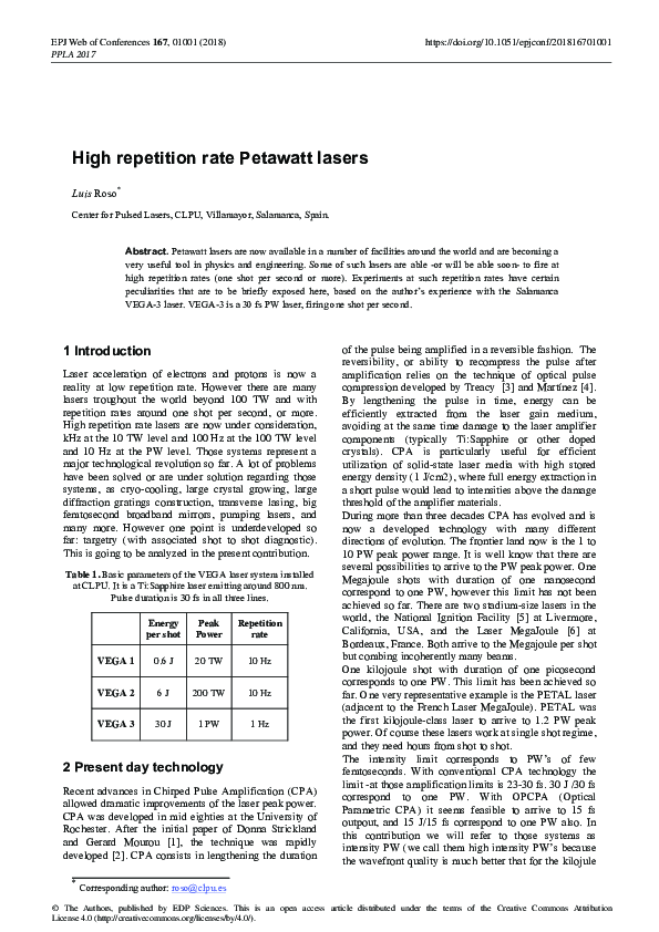 (PDF) High repetition rate Petawatt lasers