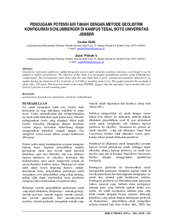 (PDF) Pendugaan Potensi Air Tanah Dengan Metode Geolistrik Konfigurasi Schlumberger DI Kampus ...