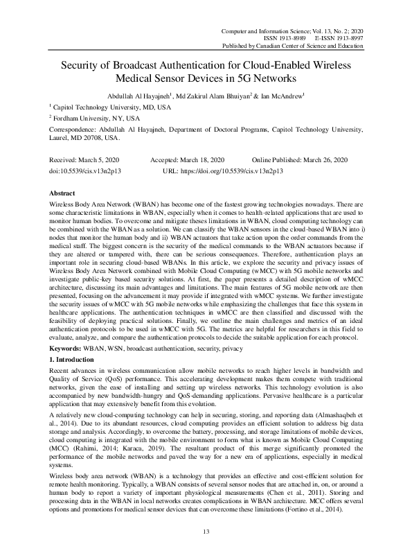 Pdf Security Of Broadcast Authentication For Cloud Enabled Wireless Medical Sensor Devices In