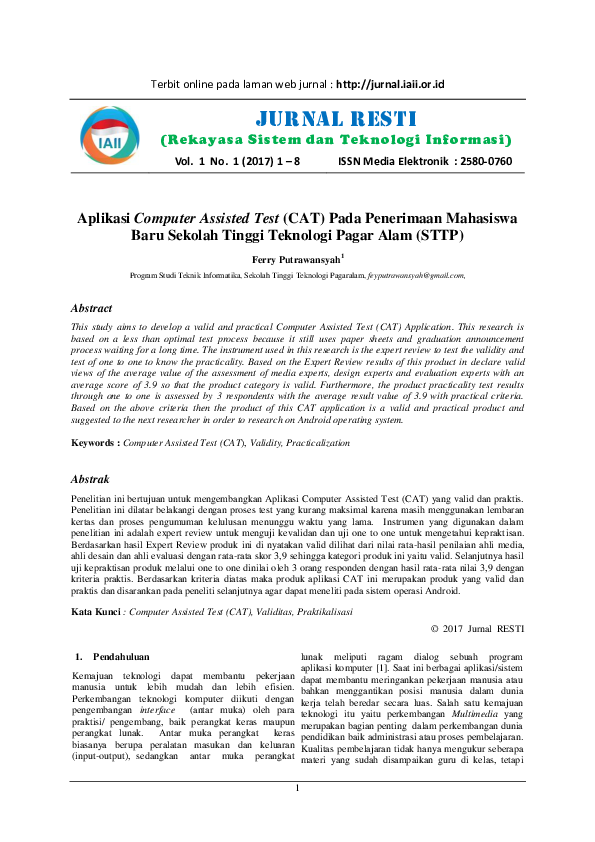 (PDF) Aplikasi Computer Assisted Test (CAT) Pada Penerimaan Mahasiswa ...