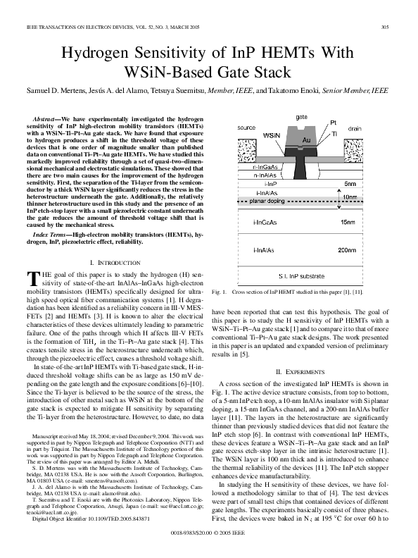 (PDF) Hydrogen Sensitivity of InP HEMTs With WSiN-Based Gate Stack