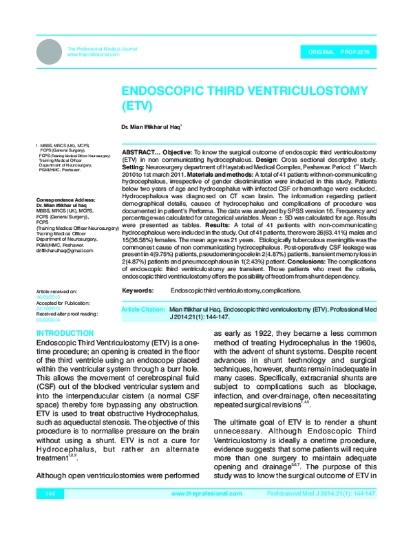 (PDF) Endoscopic Third Ventriculostomy (Etv)