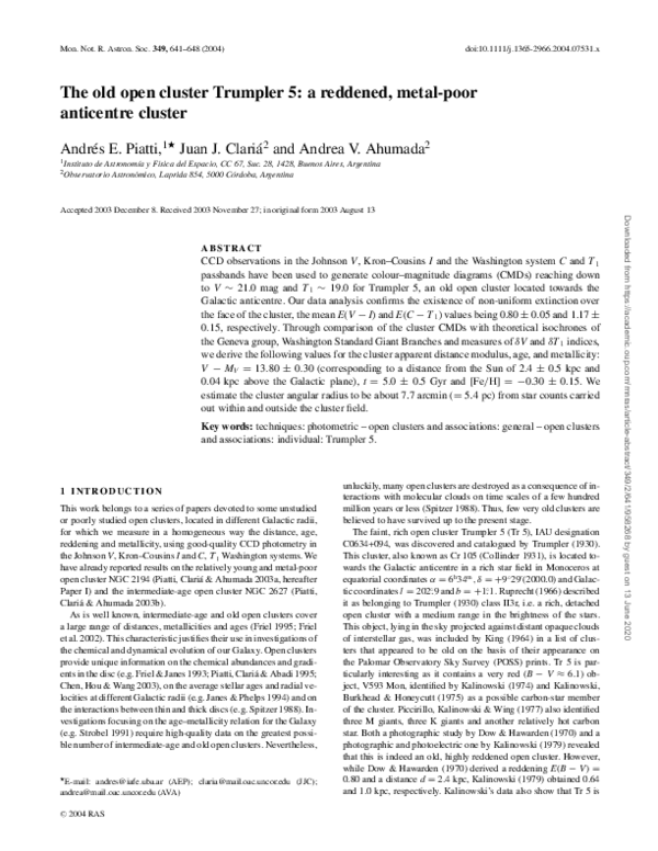 (PDF) The old open cluster Trumpler 5: a reddened, metal-poor ...