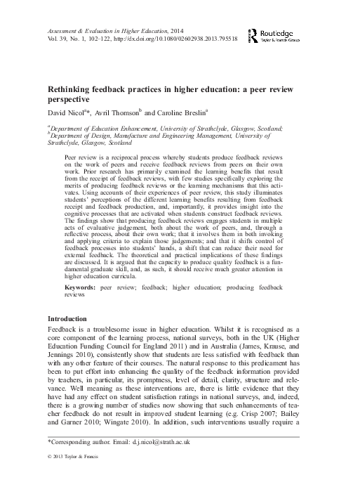 (PDF) Rethinking feedback practices in higher education: a peer review ...