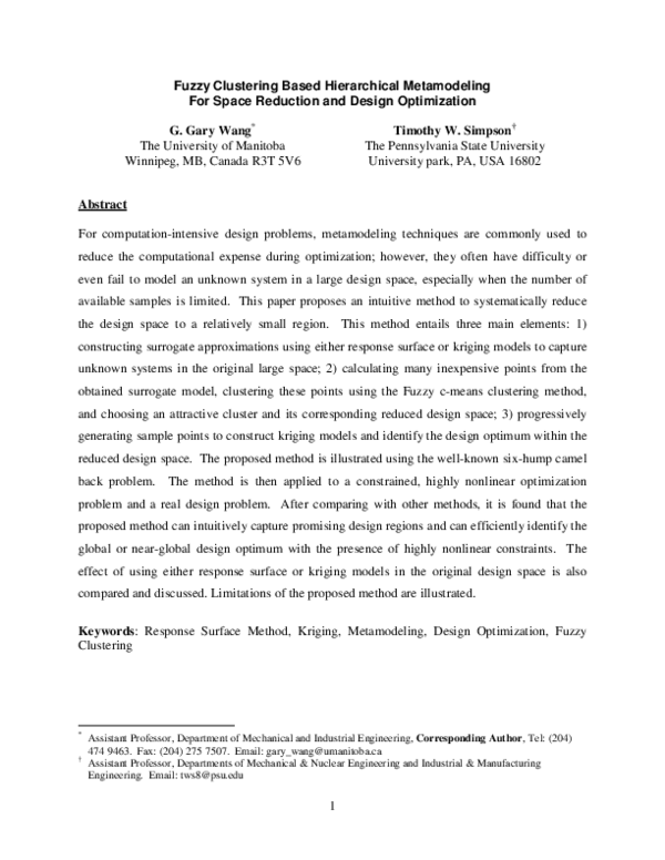 (PDF) Fuzzy clustering based hierarchical metamodeling for design space reduction and optimization
