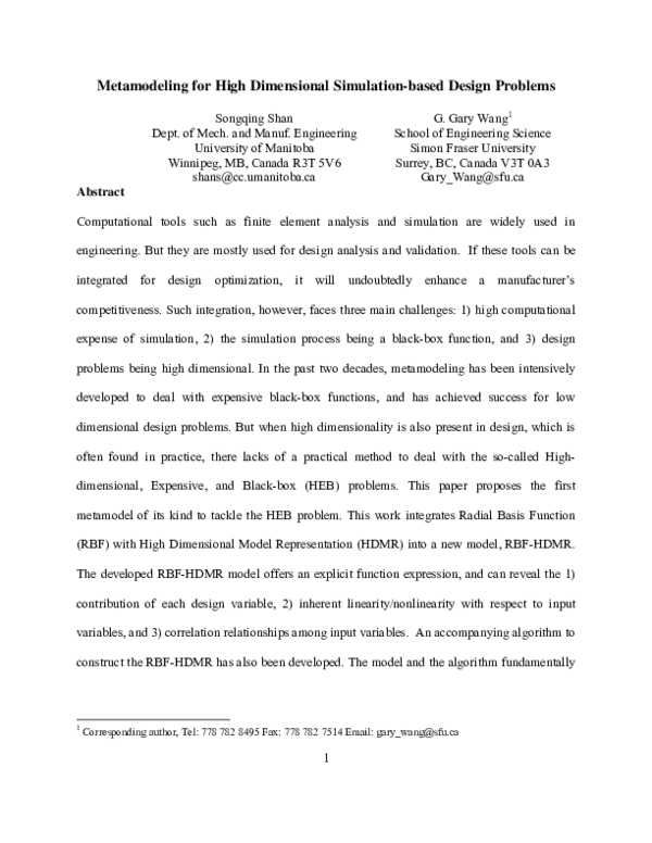 (PDF) Metamodeling for High Dimensional Simulation-Based Design Problems
