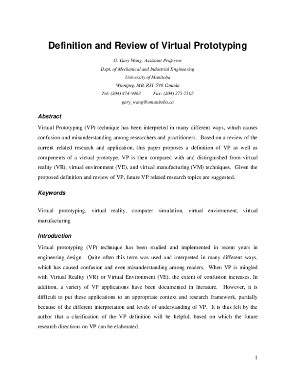 (PDF) Definition and Review of Virtual Prototyping