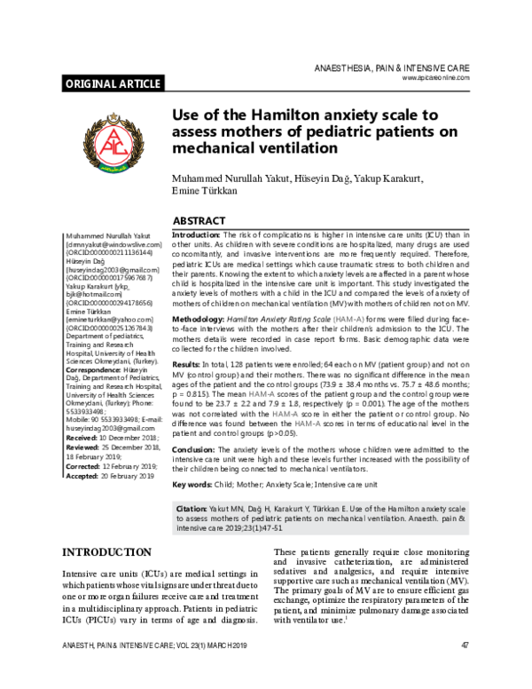 (PDF) Use of the Hamilton anxiety scale to assess mothers of pediatric ...
