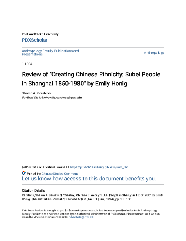 (PDF) Review of "Creating Chinese Ethnicity: Subei People in Shanghai ...