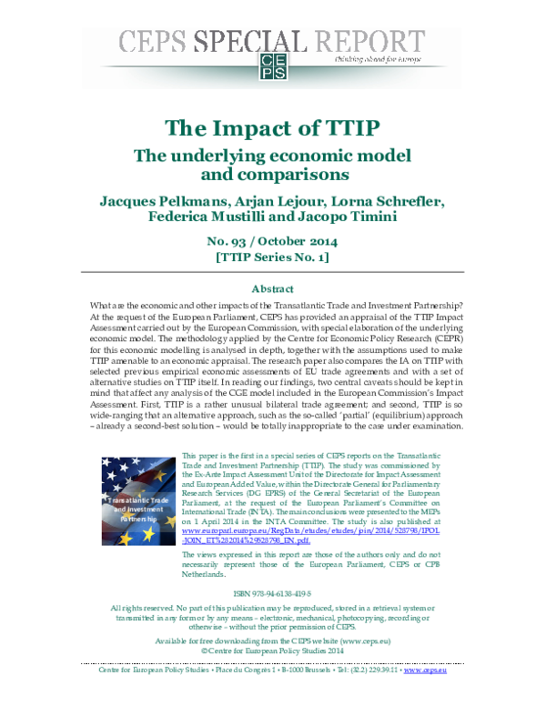 (PDF) The Impact of TTIP: The underlying economic model and comparisons. CEPS Special Report No ...