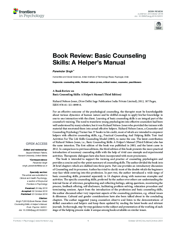 (PDF) Book Review: Basic Counseling Skills: A Helper's Manual