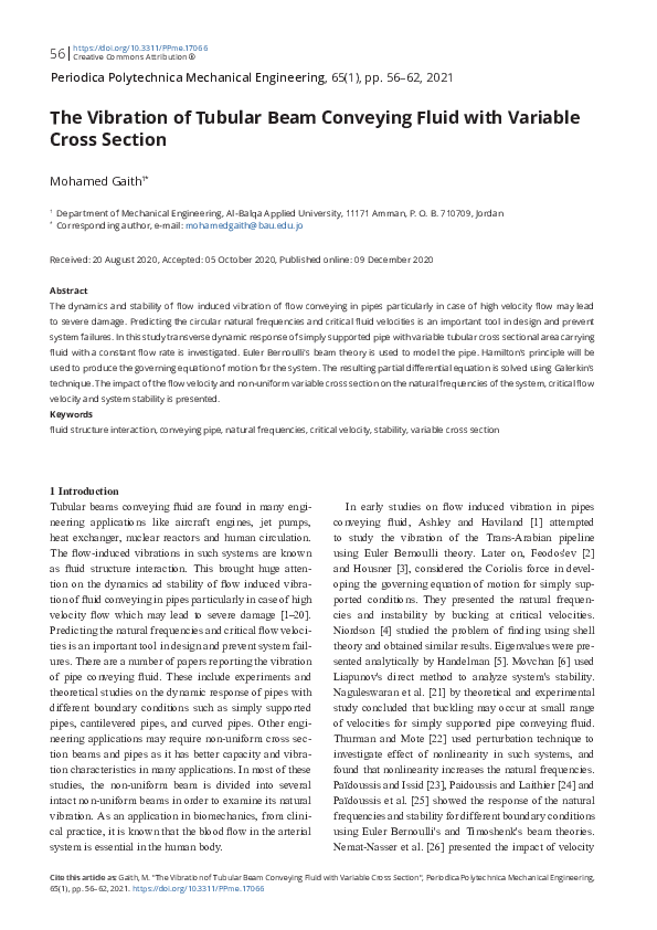 Pdf The Vibration Of Tubular Beam Conveying Fluid With Variable Cross Section