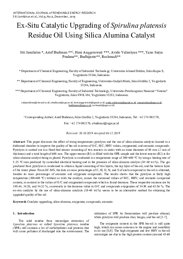 (PDF) Ex-Situ Catalytic Upgrading of Spirulina Platensis Residue Oil ...