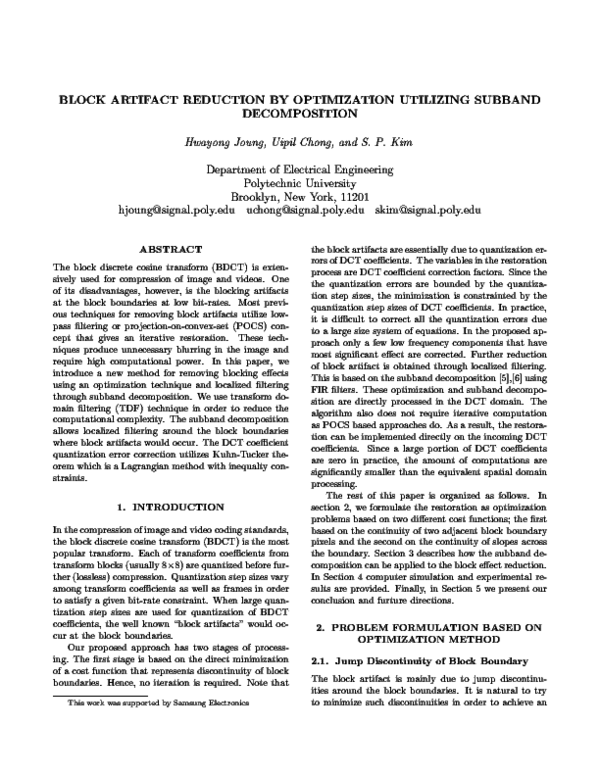 (PDF) Block Artifact Reduction By Optimization Utilizing Subband Decomposition